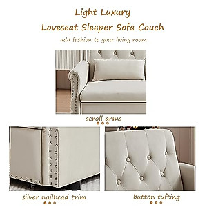 Meesifeel 55" Queen Sleeper Sofa, 3 in 1 Convertible Sofa Bed, Comfy Velvet Loveseat, Adjustable Backrest Futon Sofa Bed, Pull Out Couch, Lounge Sofa Chair Bed, Beige Sofas for Living Room Bedroom