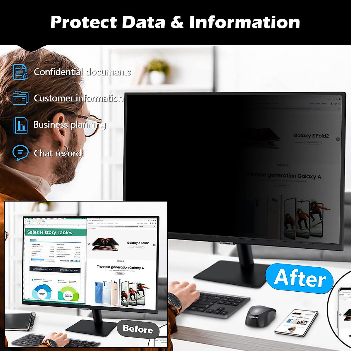 FILMEXT [2023 Upgrade 24 Inch Computer Privacy Screen Filter for 16:9 All-in-One Desktop/Frameless Monitor-Removable Blue Light UV Blocking Privacy Shield for Thin Bezel Computer