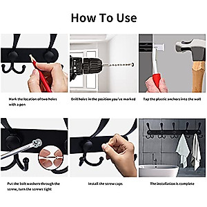 Qihtldsy Coat Rack Wall Mount, Stainless Steel Coat Hooks, 5 Tri Hooks, Heavy Duty Hook Rail for Coat Hat Towel Bag Purse Robes Bedroom Kitchen Bathroom Entryway (Black, 2 Packs)