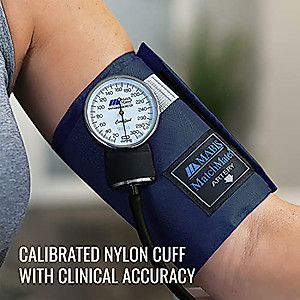 MABIS MatchMates Manual Blood Pressure Monitor Kit Aneroid Sphygmomanometer with Calibrated Nylon Cuff and Oversized Carrying Case, Adult, Navy