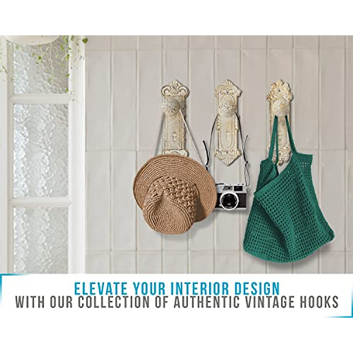 Shabby Chic Cast Iron Decorative Wall Mounted Hooks - Rustic White - Door Knob Coat Hooks for Wall - Set of 3 - Screws and Anchors Included - Antique Wall Hooks for Hanging Clothes