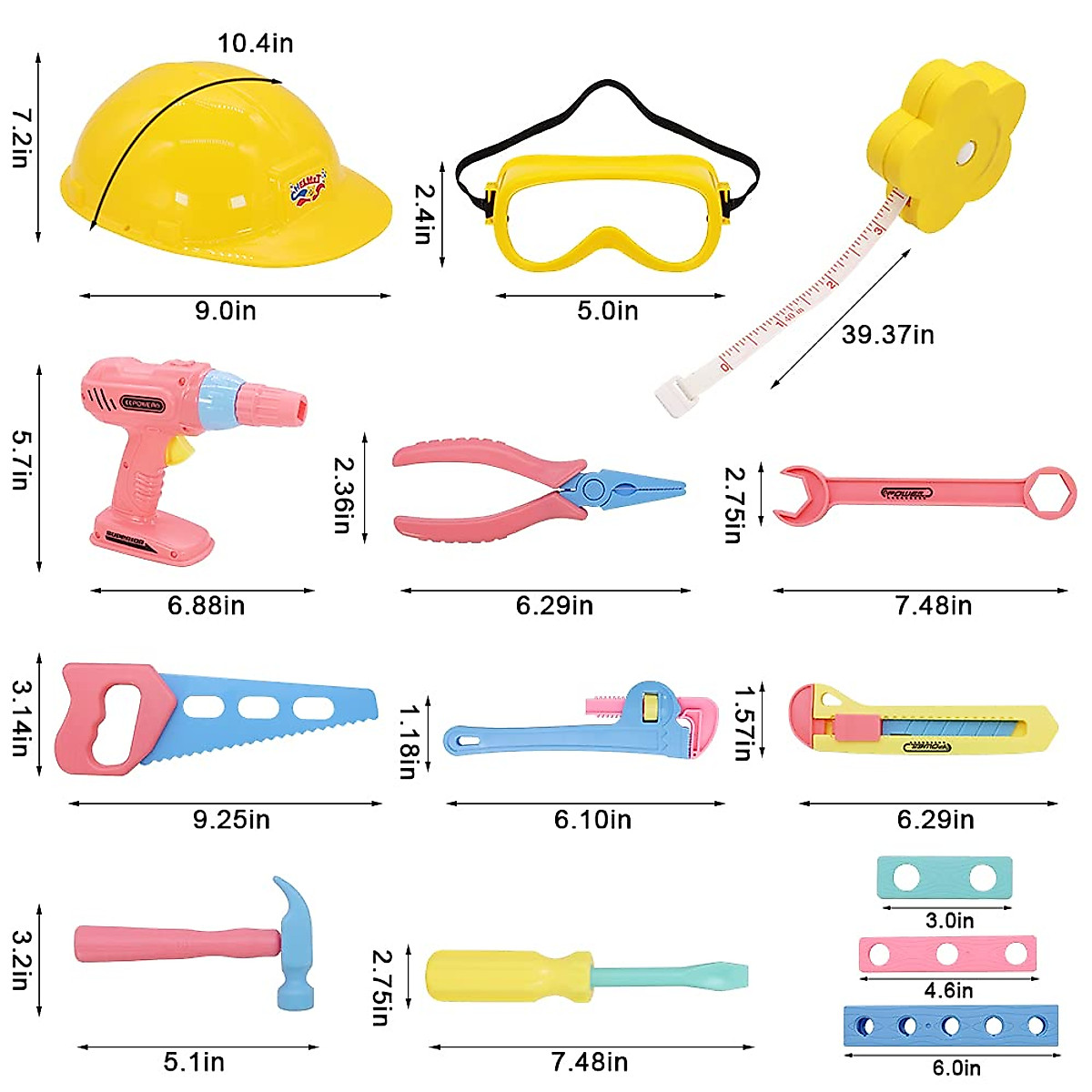 Magic4u Toy Tool Set Girl Pretend Play Construction Tool Accessories Tool Toys with Hat Tool Box Tape Measure Toy Electric Drill Hammer