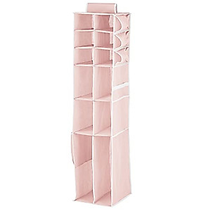 mDesign Long Soft Fabric Over Closet Rod Hanging Storage Organizer with 12 Divided Shelves, Side Pockets for Child/Kids Room or Nursery, Store Diapers, Wipes, Lotions, Toys - Pink/White