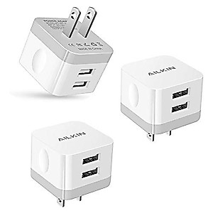 3Pack USB Wall Charger Plug, AILKIN 2.4A Dual Port USB Adapter Power Cube Fast Charging Station Box Base Replacement for iPhone 14 13 12 Pro Max SE 11 XR XS X/8, Samsung, Phones USB Charge Block-White