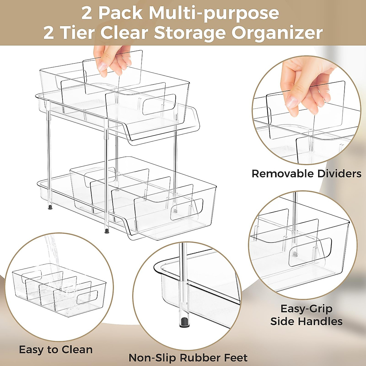 Delapuwea 2 Tier Clear Organizer with Dividers, Multi-Purpose Pull Out Cabinet Organizer, Bathroom Vanity Counter Drawer Organizers, Under Sink Organizer, Kitchen Pantry Cabinet Medicine Bins, 2 Set