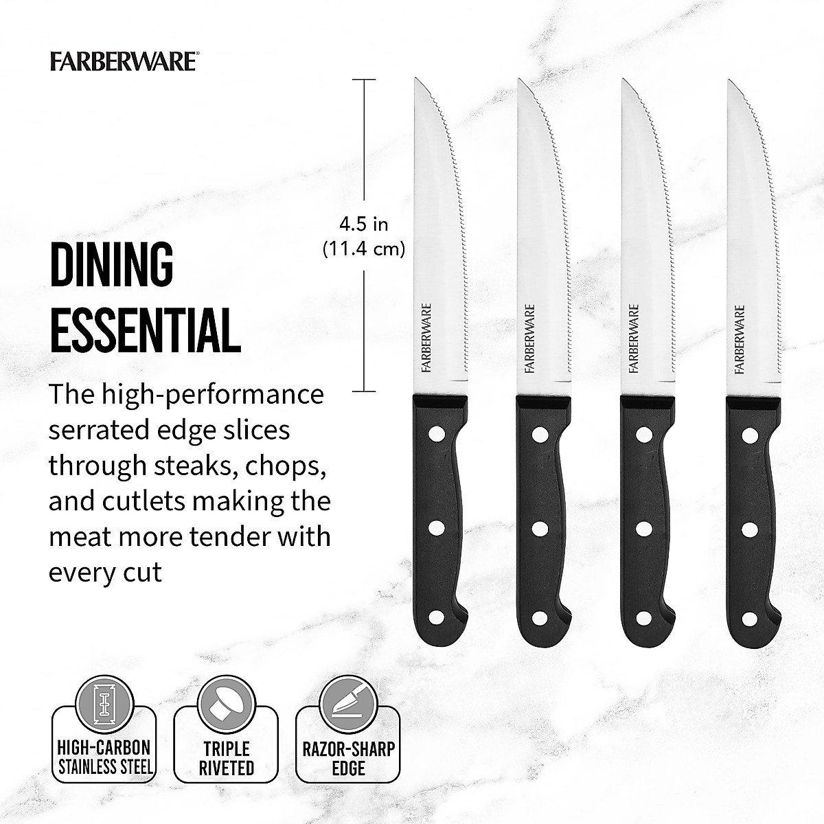 Farberware 4-Piece Full-Tang Triple Rivet 'Never Needs Sharpening' Stainless Steel Steak Knife Set, Black