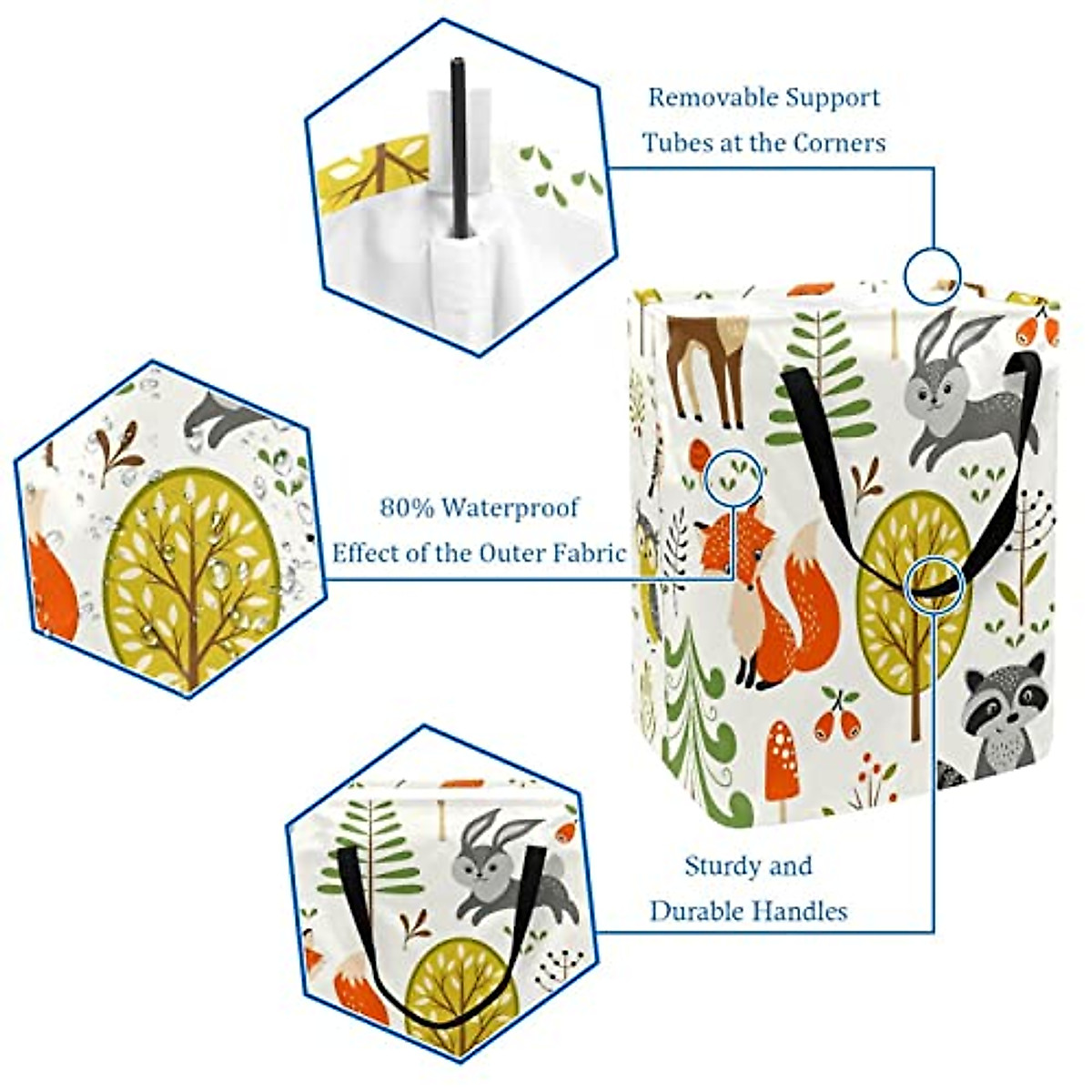 Forest Animals Print Collapsible Laundry Hamper, 60L Waterproof Laundry Baskets Washing Bin Clothes Toys Storage for Dorm Bathroom Bedroom