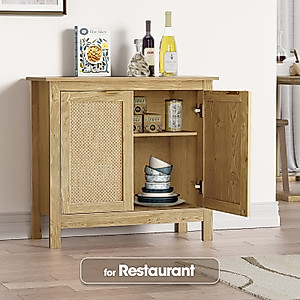 Giluta Sideboard Buffet Cabinet, Farmhouse Kitchen Cabinets with 2 Rattan Doors, 30''H Boho Cabinet for Entryway