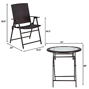 Rimba Outdoor 3 Pieces Wicker Folding Bistro Set, Balcony Table and Chairs Sets, Garden Backyard Furniture