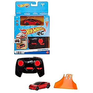 Hot Wheels Rc Tesla Roadster in 1:64 Scale, Remote-Control Toy Car with Controller & Track Adapter, Works On & Off Track