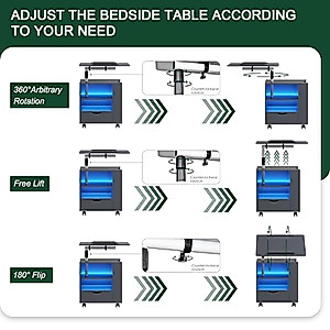 HNEBC LED Nightstand with Wireless Charging Station,Grey Nightstand Has Adjustable Rotary Table,Bedside Tables with One Drawer and 2 Mezzanines/Infrared Induction 3 Color Lighting (On The Right)