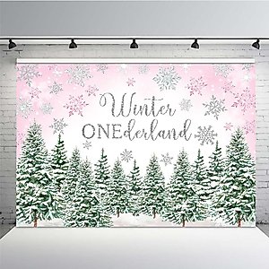 MEHOFOND 7x5ft Winter Onederland Backdrop for Girls First Birthday Pink Silver Glitter Snowflake Photography Background Pine Trees Happy 1st Birthday Party Banner Decorations Photo Booth Props