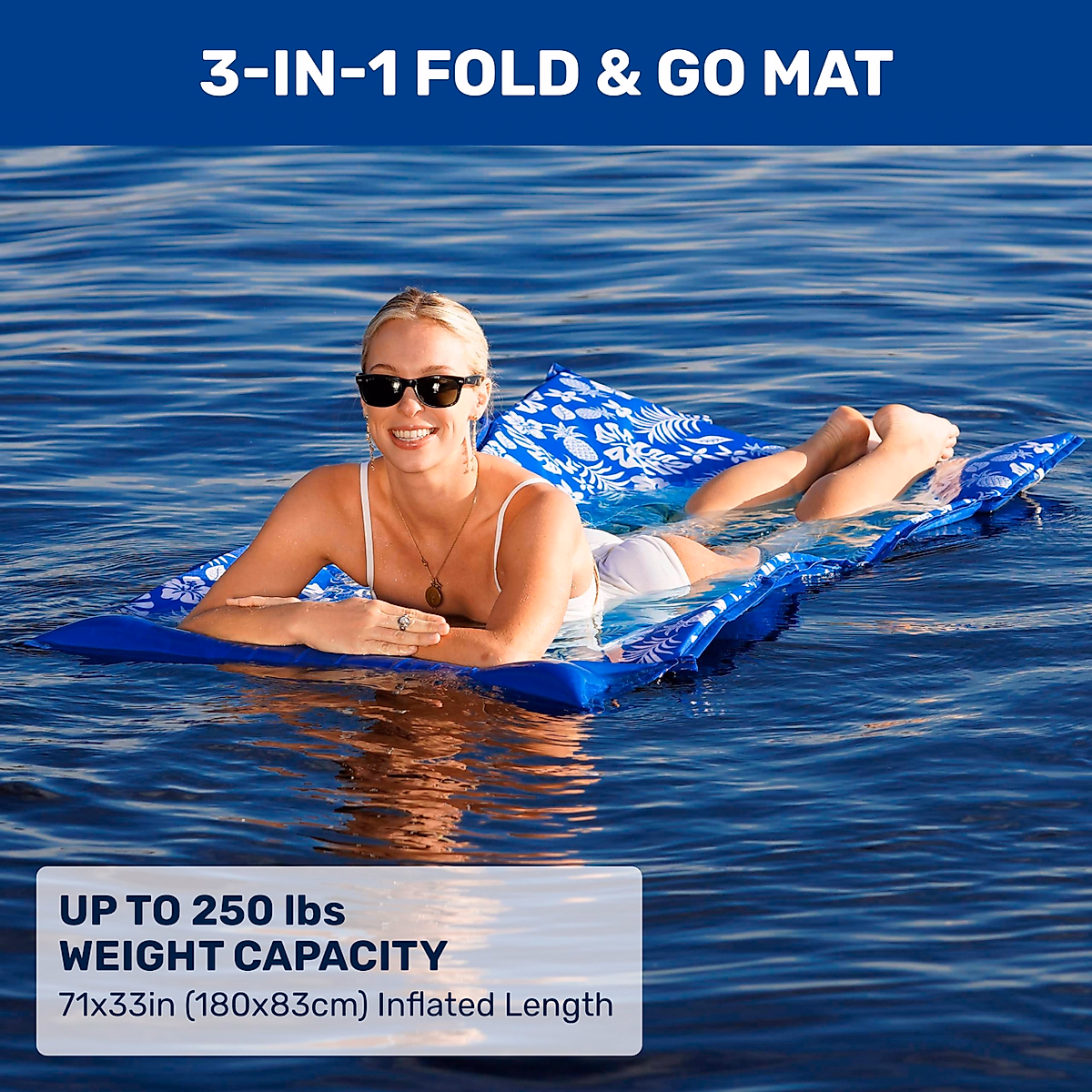 Aqua 3-in-1 Fold and Go Pool Float, Mat and Lounge, Padded Mat for Land or Water with Carry Strap, Blue Pineapple Hibiscus