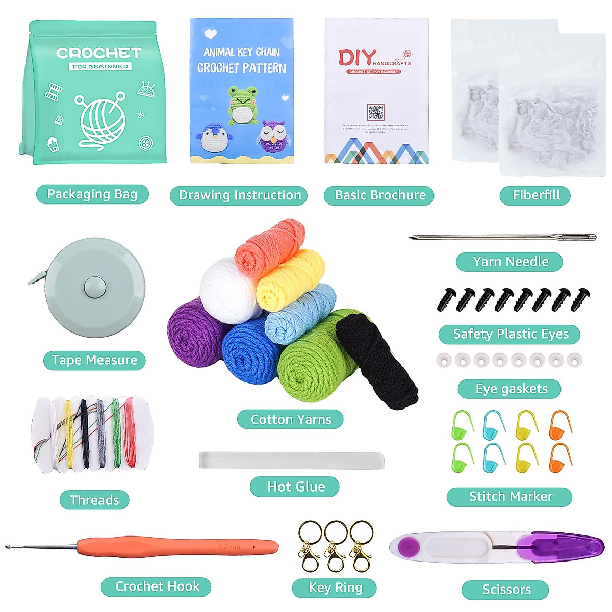 Crochet Kit for Beginners Kids Adults - Amigurumi Crocheting Animal Kits, Beginner Knitting Set DIY Art Craft, 3 Pattern Owl, Penguin, Frog, Easy to Learn Tutorials, Yarns, Hook, for Girls Age 12+