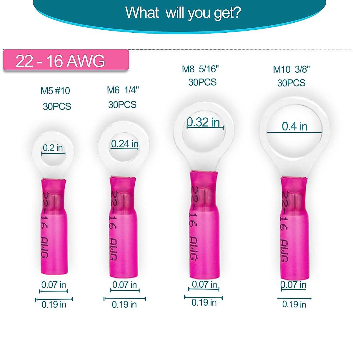 120 PCS Heat Shrink Wire Connectors, 22 20 18 16 AWG Ring Terminals, 22 20 18 16 Gauge Automotive Marine Ring Connectors by Housun