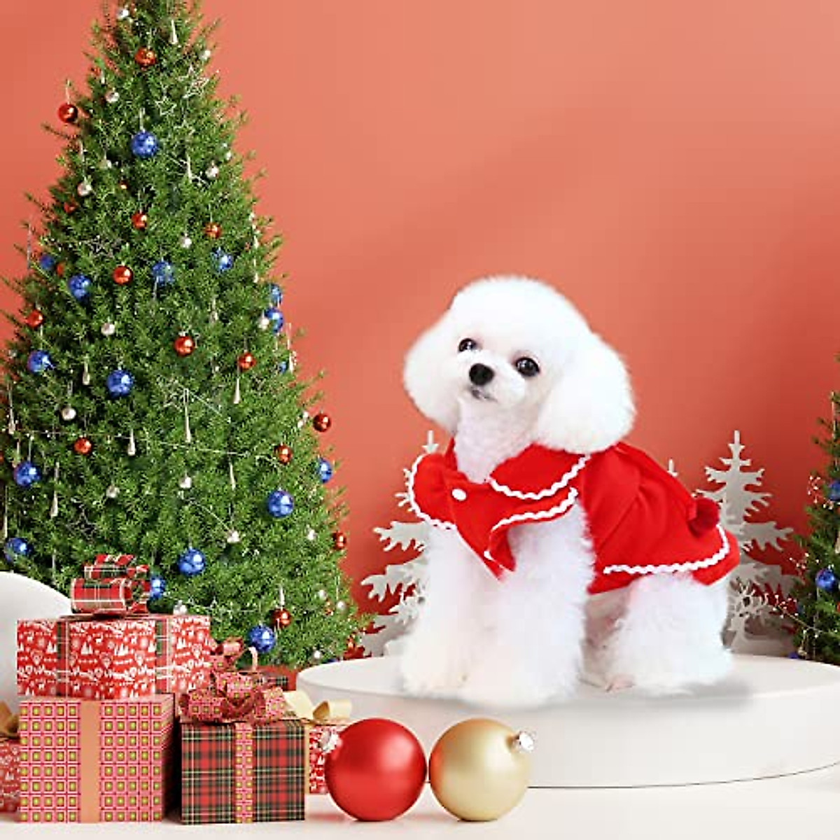 BAEJMJK Dog Winter Dress Bowknot Warm Girl Puppy Christmas Dress Cute Doggie Clothes for Small Dogs Cats Rabbit(Red,Large)