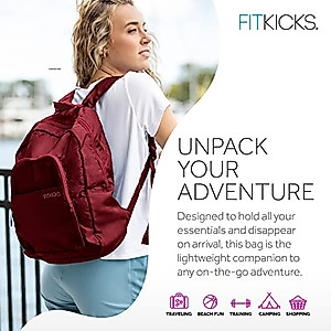 FITKICKS Hideaway Packable Zippered Backpack, Hiking, Camping, Outdoor and Sport Travel Backpack, Day Pack for Women and Men, Burgundy
