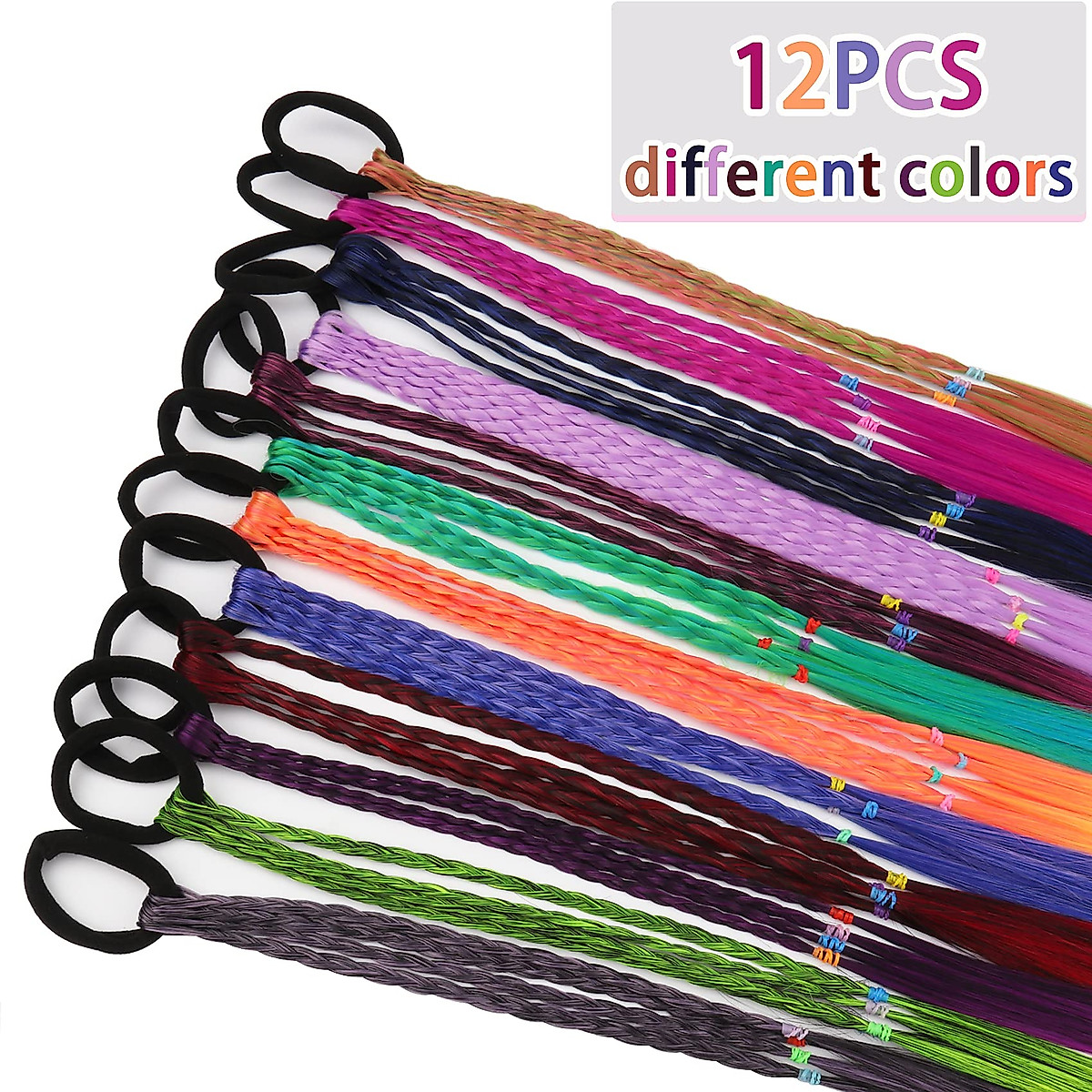 12 Pieces Colored Braids Hair Extensions with Rubber Bands Rainbow Braided Synthetic Hairpieces Ponytail Hair Accessories for Women Kids Girls Party Highlights Cosplay Dress Up