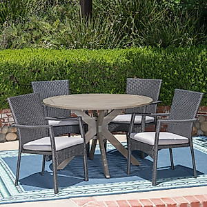 Christopher Knight Home Layna Outdoor 5 Piece Wood and Wicker Dining Set, Gray Finish/Gray