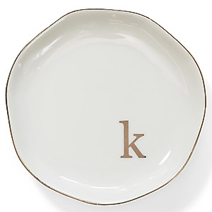 HOME SMILE Initials Ring Dish Jewery Tray with Personalized K-Monogrammed Engagement Wedding Gifts for Friends,Sister,Birthday Christmas Gifts for Women,Ceramic White