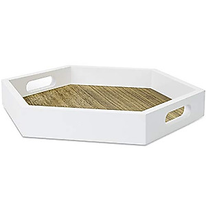 MyGift Hexagonal White Wood Decorative Tray with Handles and Burnt Wood Base, Geometric Serving Tray Ottoman Breakfast Tray