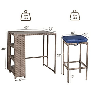 Sundale Outdoor 5 Piece Patio Bar Set, Counter Height Outside Rattan Dining Set, Garden High Top Gray Wicker Bar Height Set of 5, Galss Tabletop and Stools Furniture Set with Cushions, Steel