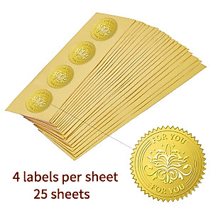 BENECREAT 100 Packs For You Vintage Filigree Embossed Gold Foil Stickers Vintage Filigree Self Adhesive Certificate Seals for Graduation, Notary Seals