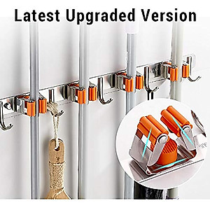 Broom Mop Holder Wall Mount Garage Storage Stainless Steel Heavy Duty Tools Hanger with 4 Racks 5 Hooks