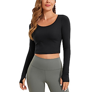 CRZ YOGA Butterluxe Long Sleeve Crop Tops for Women Slim Fit Workout Shirts Cropped Athletic Gym T-Shirts Black Large