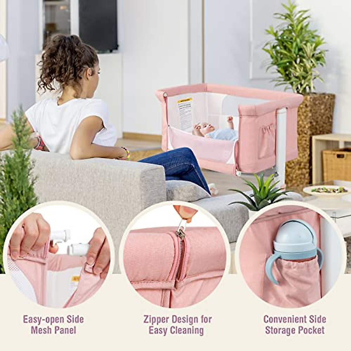 GLACER 3 in 1 Baby Bassinet, Portable Bedside Sleeper w/ Cradle Mode, Removable Mattress, Adjustable Height, Storage Pockets & Lockable Wheels, Newborn Infant Travel Crib Bed w/ Carry Bag, Pink