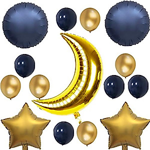 InBy 15pcs Navy Blue and Gold Moon Balloon Sky Night Moon Star Theme Balloon Party Decoration Baby Boy Girl Shower Wedding Birthday 36" Moon Foil Mylar Balloon 18" Start Balloon 12" Latex Balloon Kit