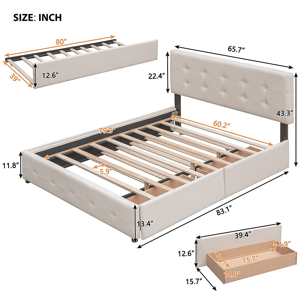 Harper & Bright Designs Upholstered Queen Size Platform Bed with 2 Storage Drawers and 1 Twin XL Trundle, Wood Queen Storage Bed with Linen Fabric for Bedroom Guestroom (Queen, Beige)