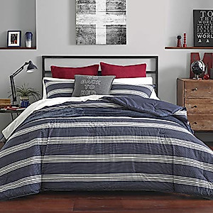 Nautica Home | Craver Collection | 100% Cotton Cozy & Soft, Durable & Breathable Striped Comforter & Matching Sham(s), Queen, Navy/White