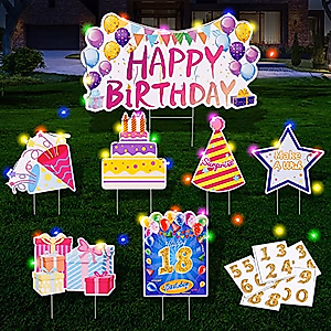 HOMENOTE 7Pcs Happy Birthday Yard Signs With Stakes, 5m LED Light and Personalized Sign, 23.6’’Foldable Large Happy Birthday Sign, Full Set Supplies for Yard Lawn Outdoor Birthday Decoration Party