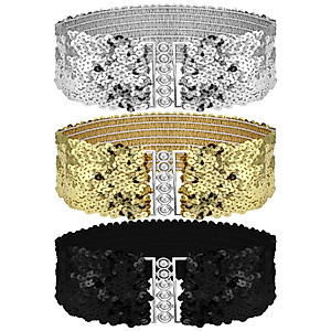 Grevosea 3 Pieces Sequin Belt Dress Belts for Women, Gold Wide Waist Belt Elastic Stretch Waistband Cinch Belt Metal Buckle for 70s 80s Costume Party Disco Party Women Girls (Gold Silver Black)