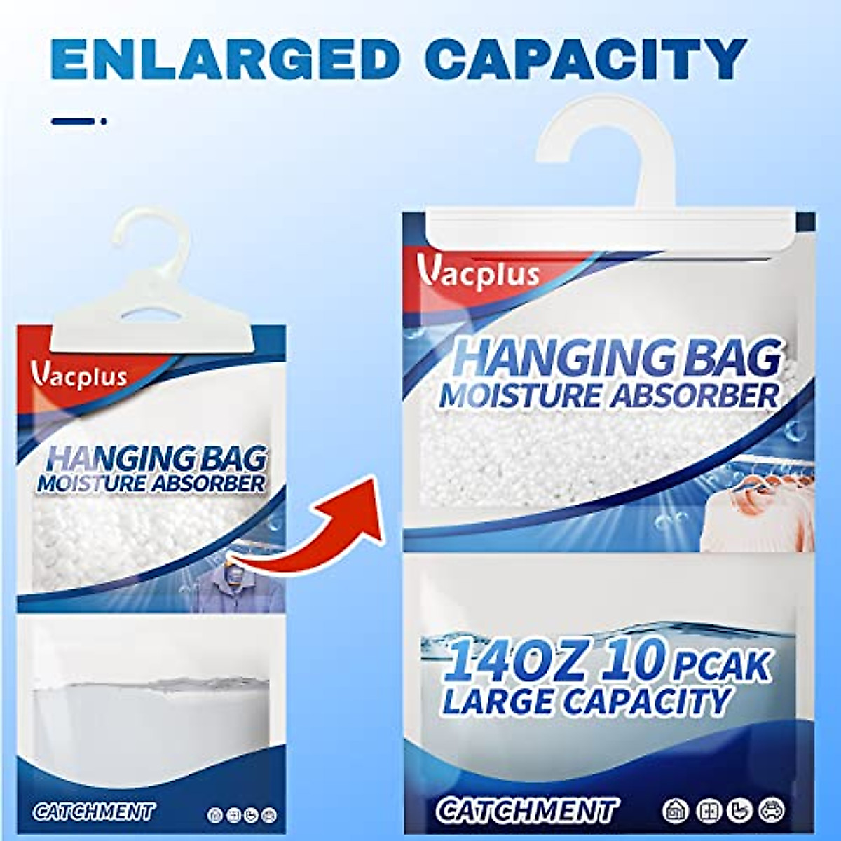Vacplus Moisture Absorber, 3 Pack Desiccant Hanging Bag for Closet and Enclosed Space, 14 OZ Dehumidifier Bags Effectively Trap Extra Moisture, Hanging Moisture Absorbers Eliminate Unpleasant Smell