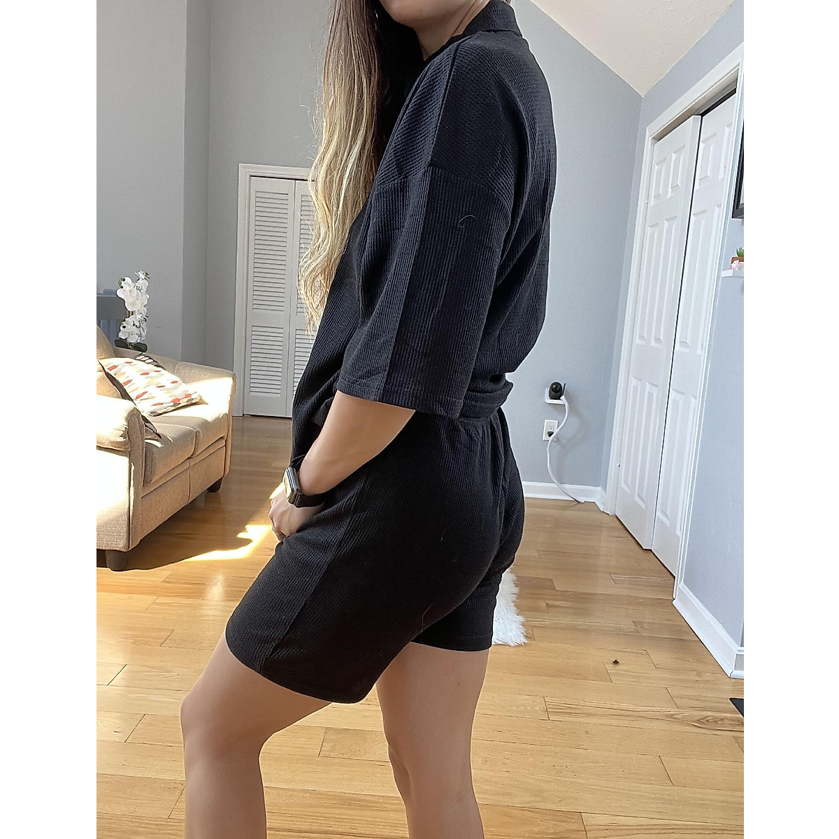 Ekouaer Pajamas 2 Piece Lounge Sets Waffle Knit Matching Outfits Oversized Shirt Loungewear Sweatsuits Summer Tracksuit Black