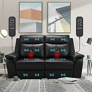 VUYUYU 2 Seater Recliner Sofa - Double Reclining Loveseat with Massage & Heating - PU Leather Home Theater Seating Manual Recliner Motion Living Room Chair (Black)
