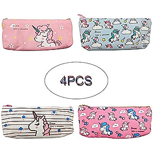 MOMOONNON 4PCS Cute Unicorn Cartoon Zipper Pencil Case Pouch Pen Holder Makeup Bag Organizer Canvas Stationery Storage Bag for Kids Girls