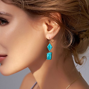 Jupiter Turquoise Earrings for Women, 14k Gold Plated Natural Gemstone Dangle Earrings, Genuine Blue Turquoise Birthstone Drop Earrings Fashion Jewelry Gifts for Birthday, Valentine's Day (10X15 mm Turquoise)
