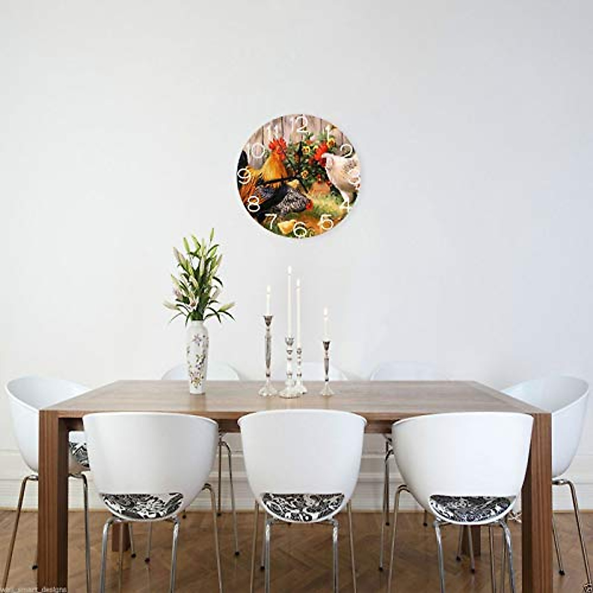 TazPrab Chicken Roosters Garden Flowers Painting Wall Clock Silent Non-Ticking 10 Inch Round Wall Clock Home Decor Clock Art for Living Room Kitchen Bedroom