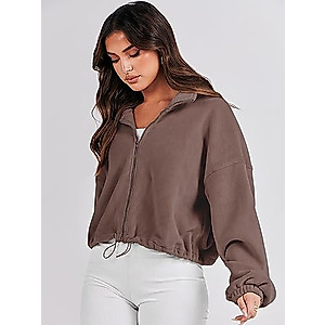 ANRABESS Jacket for Women Full Zip Oversized Fleece Crop Sherpa Coat Long Sleeve Drop Shoulder Stand Collar Drawstring Hem Soft Cozy Thick Trendy Winter Tops Outfits 1097qianzong-L