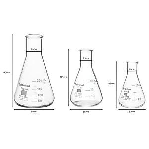 United Scientific™ Advanced Glassware Set of 9, Beakers 50ml, 100ml, 250ml, Class A Cylinder 10ml, 50ml & 100ml & Erlenmeyer Flasks 50ml, 100ml & 250ml