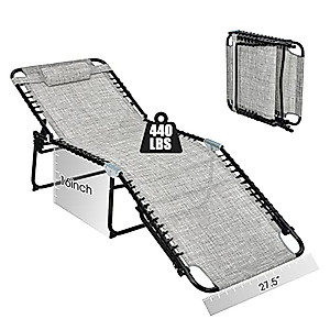 GYMAX Lounge Chair for Outside, 440lbs 27.5” Oversize Folding Beach Tanning Sunbath Chair with Adjustable Backrest & Removable Pillow, Lightweight Portable Patio Lounger for Lawn Poolside (1, Grey)