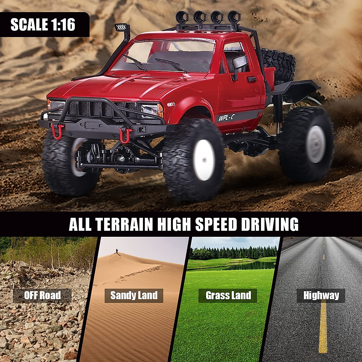 Losbenco RC Crawler 1/16 Scale RC Rock Crawler, WPL C14 All Terrain RC Car RTR 4x4 Off-Road Remote Control Trucks with LED Lights and Two Batteries for Kids and Adults