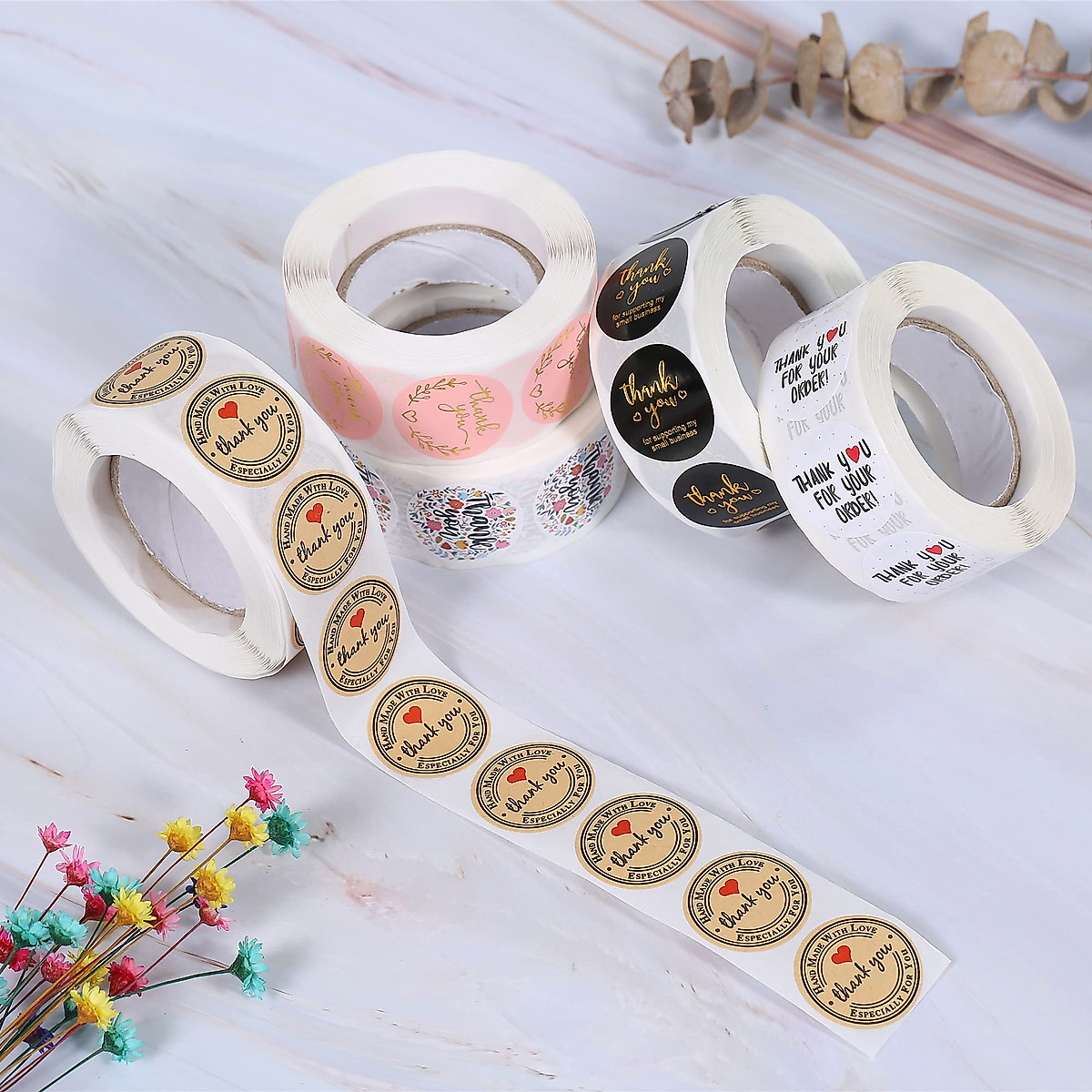 Thank You Stickers 2500 Pieces Round Kraft Label Seals Small Business Stickers for Greeting Cards Envelopes Decor or Gift Bags Packaging (5 Rolls Pattern A)