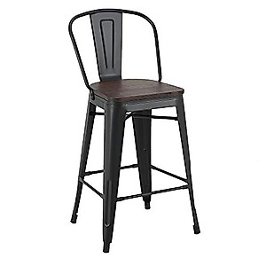 LSSBOUGHT Tolix Style 26 Inches Metal Counter Stools with Wood Seat and Backrest Indoor-Outdoor Use Stackable Bar Stools Set of 2 (Black)