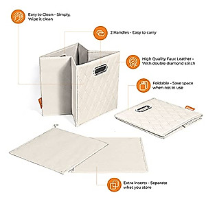 JIAessentials 11 inch Beige Foldable Diamond Patterned Faux Leather Storage Cube Bins Set of Two with Handles for living room, bedroom and office storage