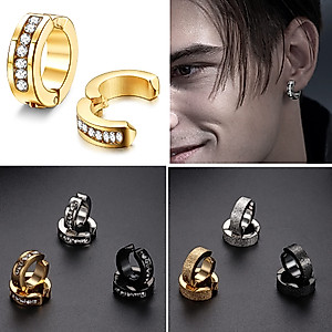 FIBO STEEL 9 Pairs Non-Piercing Earrings Stainless Steel Clip On Hoop Earrings For Men Women Paved CZ Ear Clip