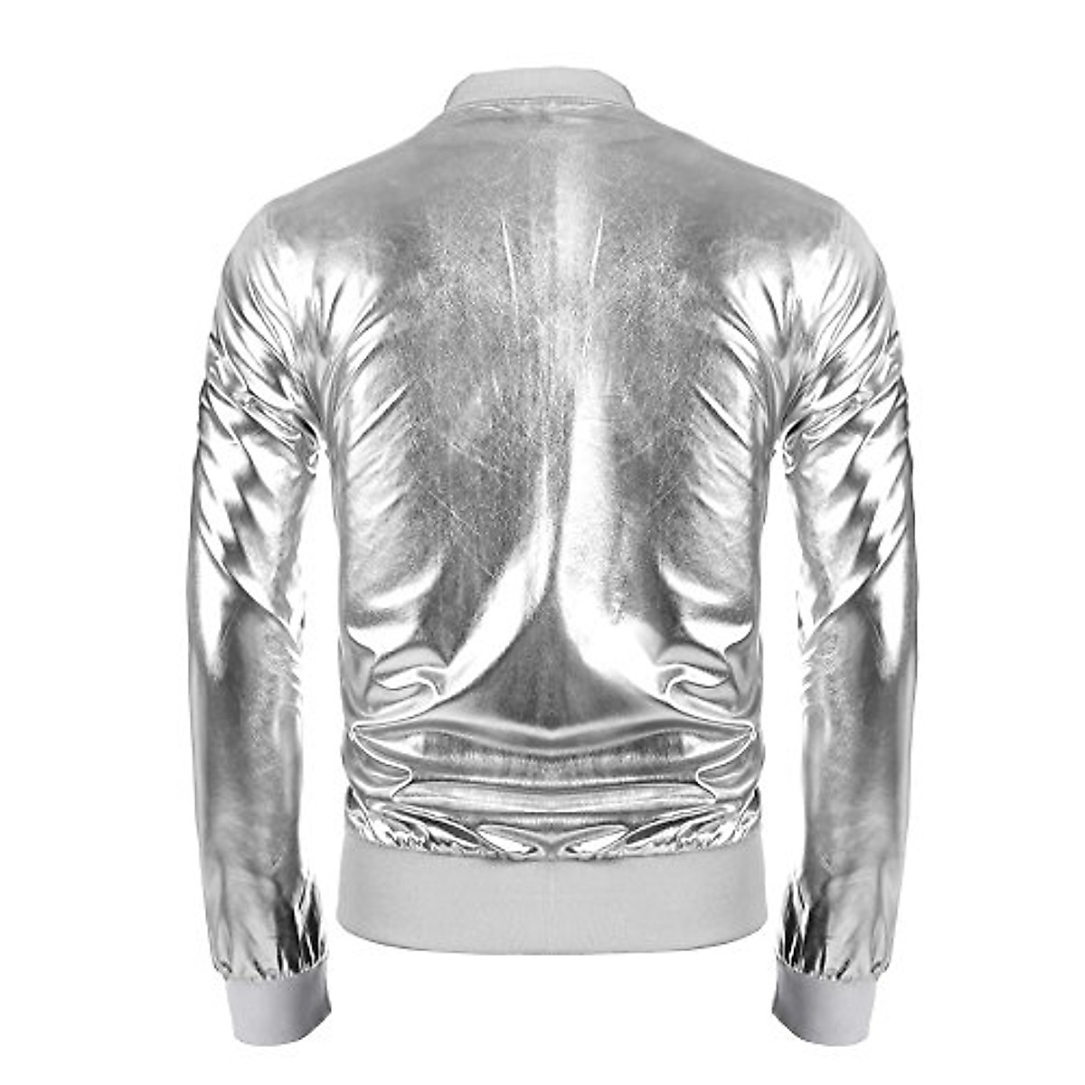 Coofandy Mens Metallic Nightclub Varsity Jacket Shiny Button Zip-up Baseball Bomber For Party,Disco,Dance,Silver,Medium